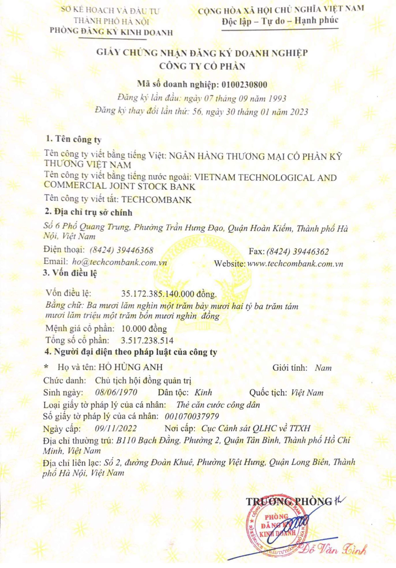 Techcombank thông báo về việc Đăng ký kinh doanh thay đổi lần thứ 56